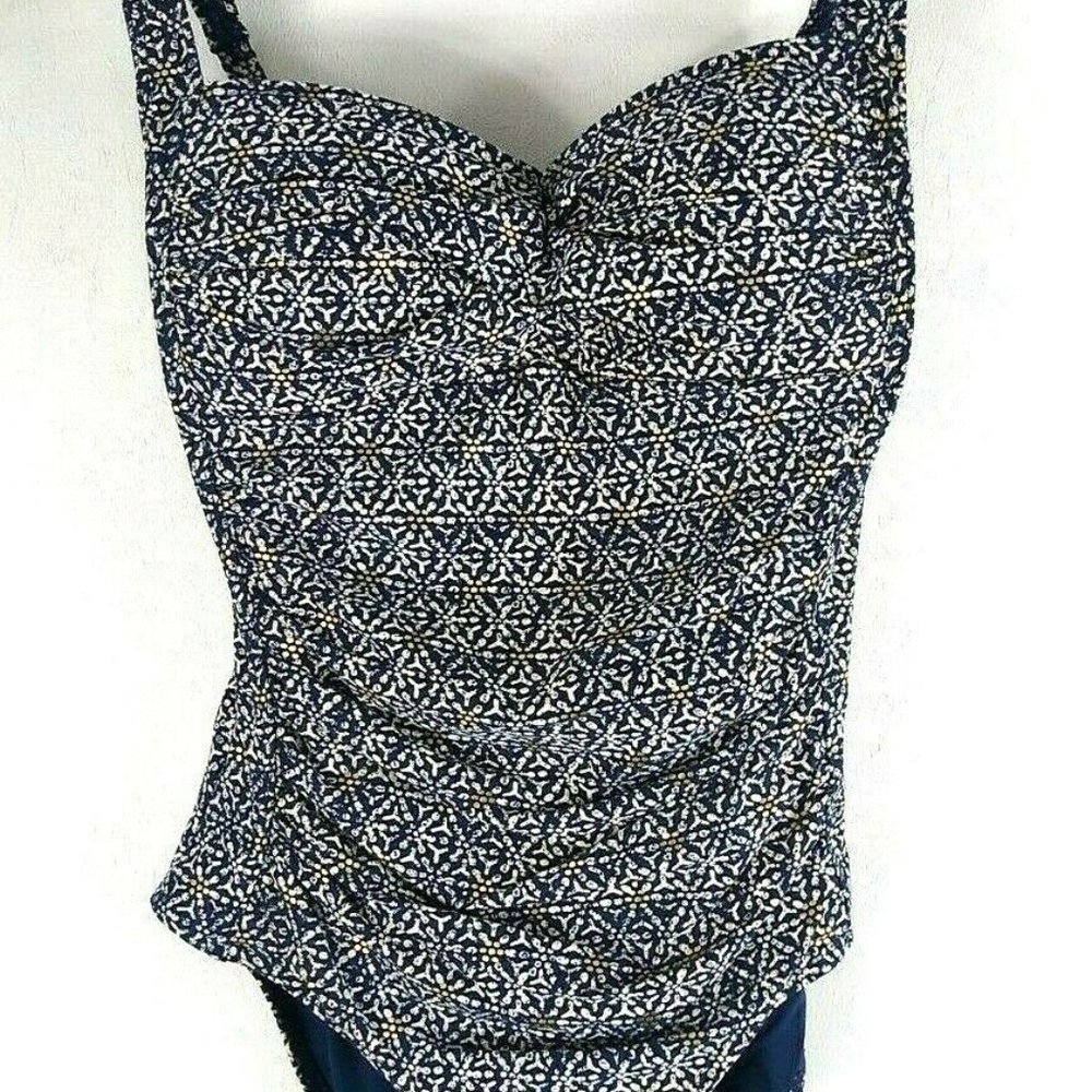 Nip Tuck Swim Bathing Suit Ruched Blue Gold 6 - Gem